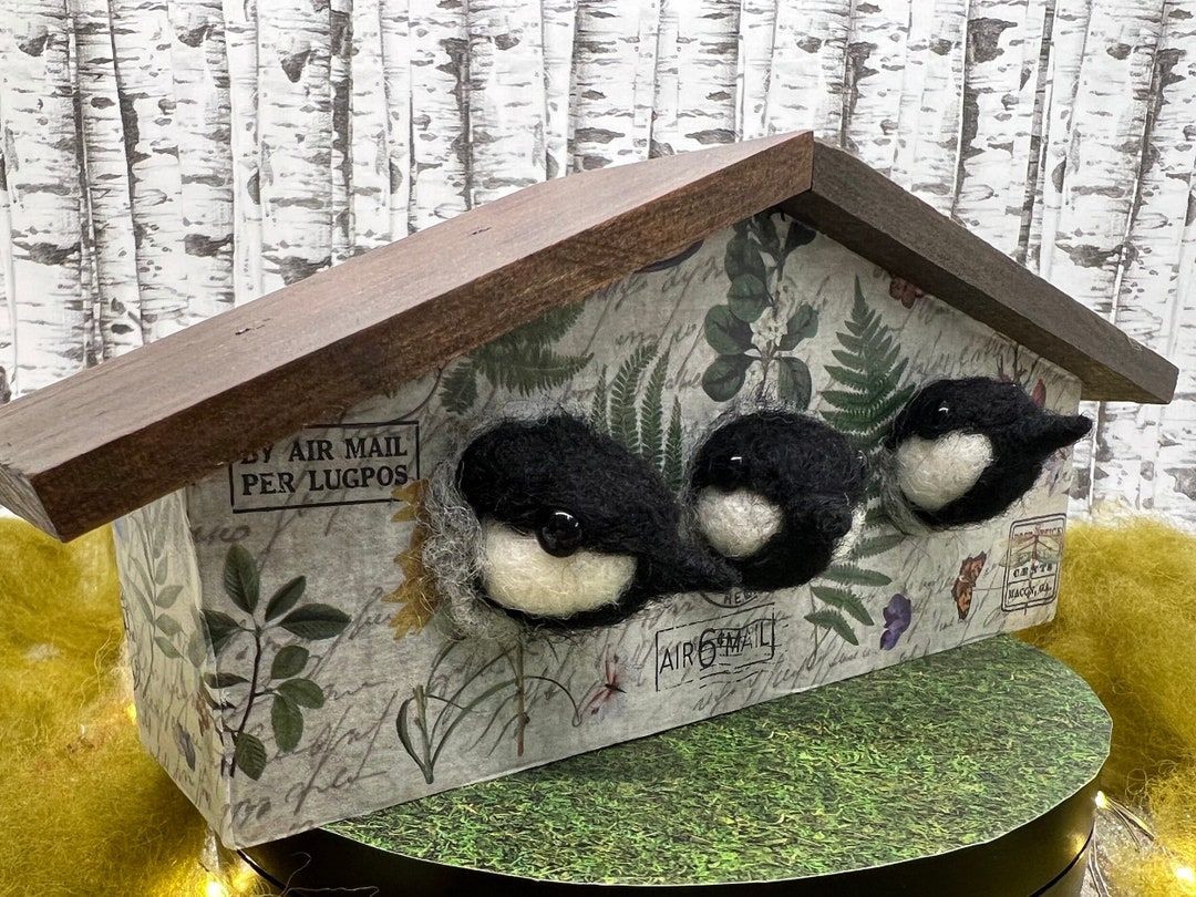 Chickadees in Birdhouse, Needle Felted Wool Birds, Handmade Spring ...