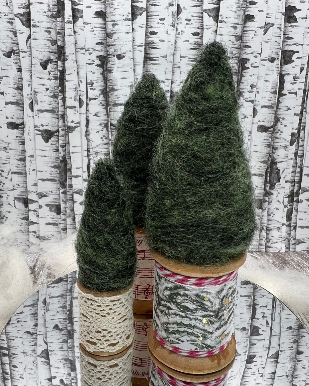 Wool Christmas Trees, Decorated Vintage Spools, Small Felted Topiaries ...