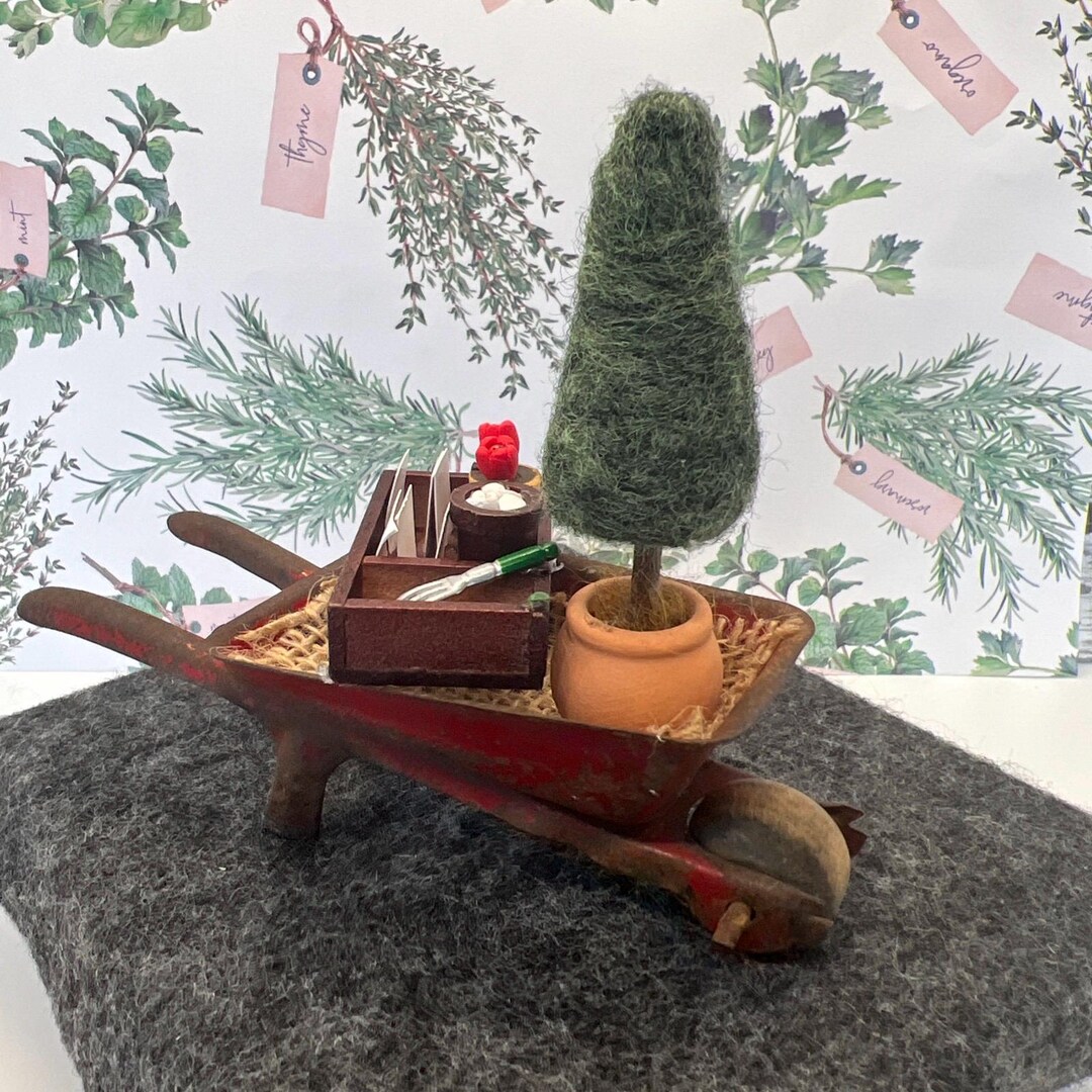 Needle Felted Mini Topiary Tree in Metal Wheel Barrow, Fairy Garden ...