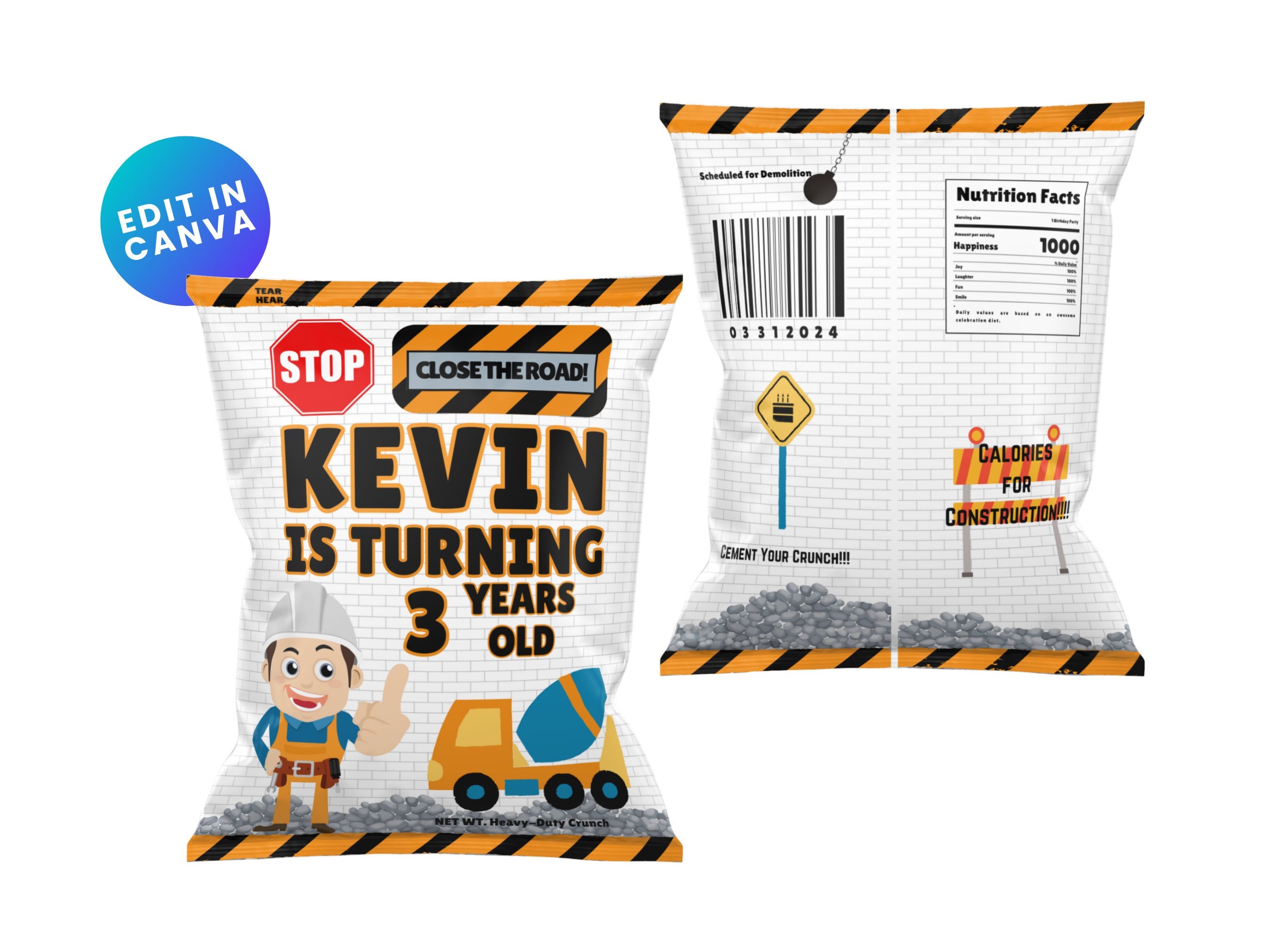 Editable Construction Zone Birthday Chip Bag , Canva Construction Chip ...
