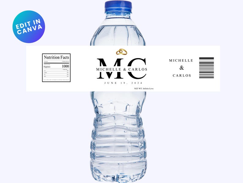 Canva Wedding Water Bottle Label, Editable Water Bottle Template for ...