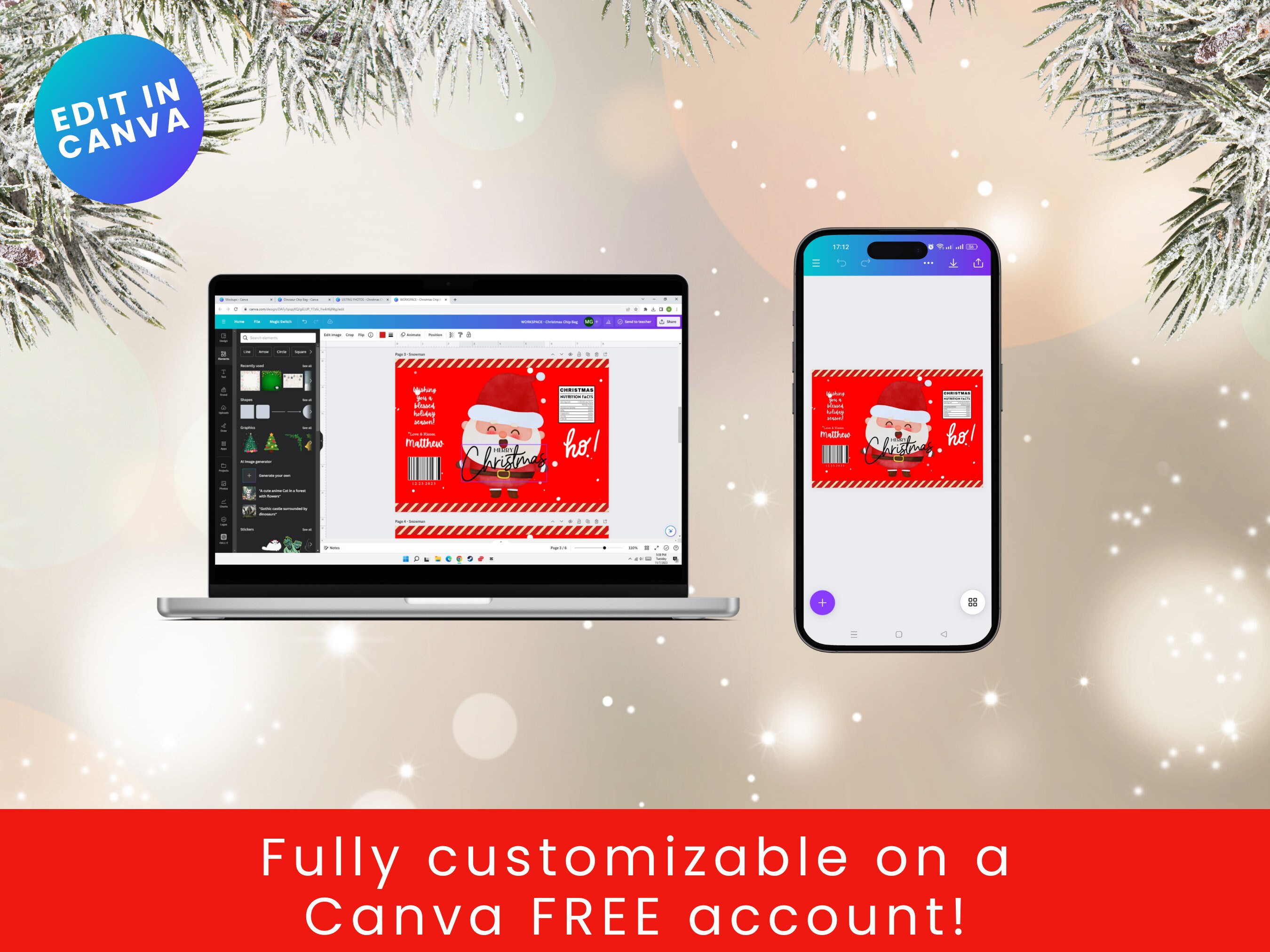 Editable Christmas Chip Bag Template, DIY Party Favor (canva) - Etsy