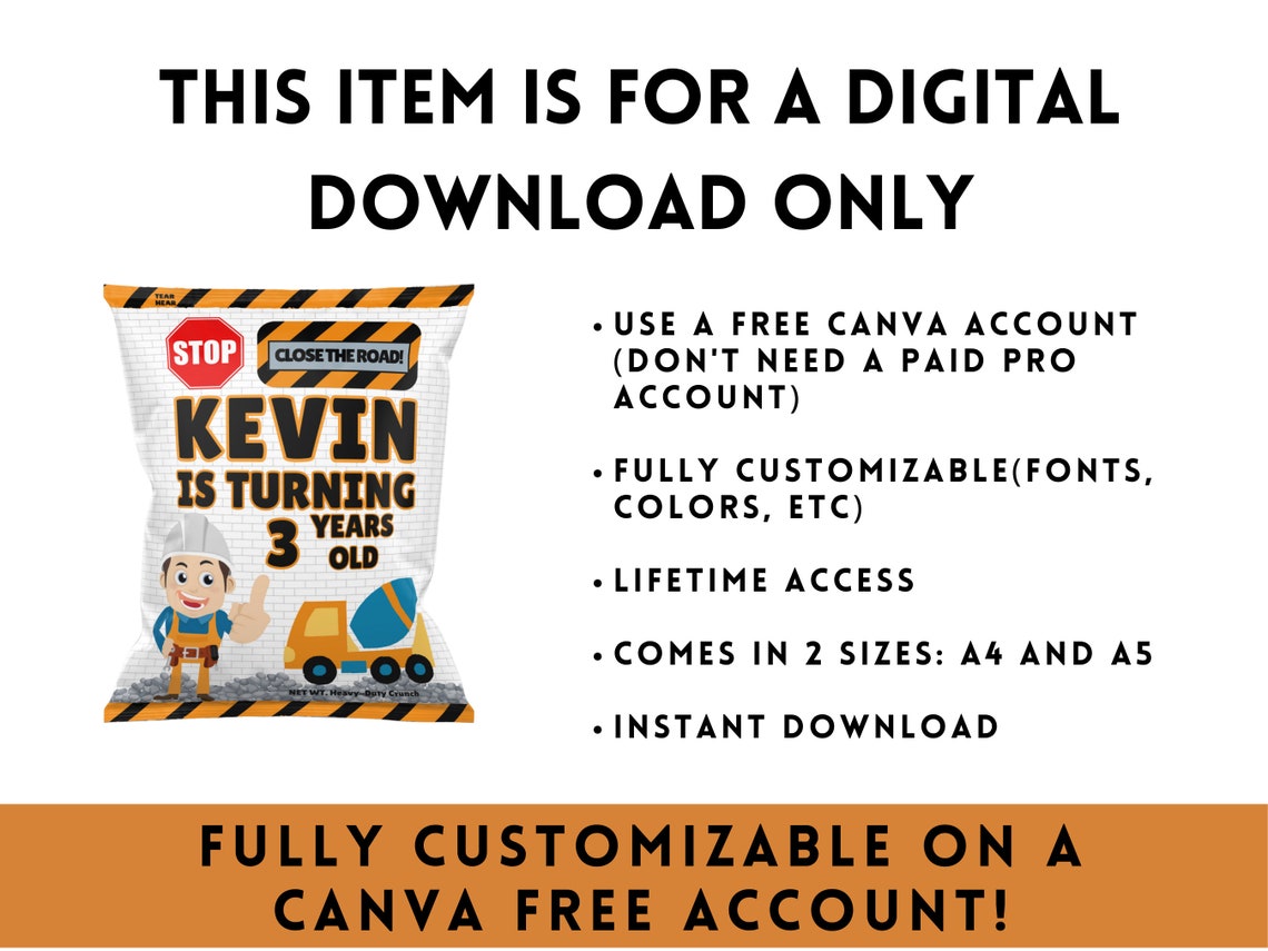 Editable Construction Zone Birthday Chip Bag , Canva Construction Chip ...