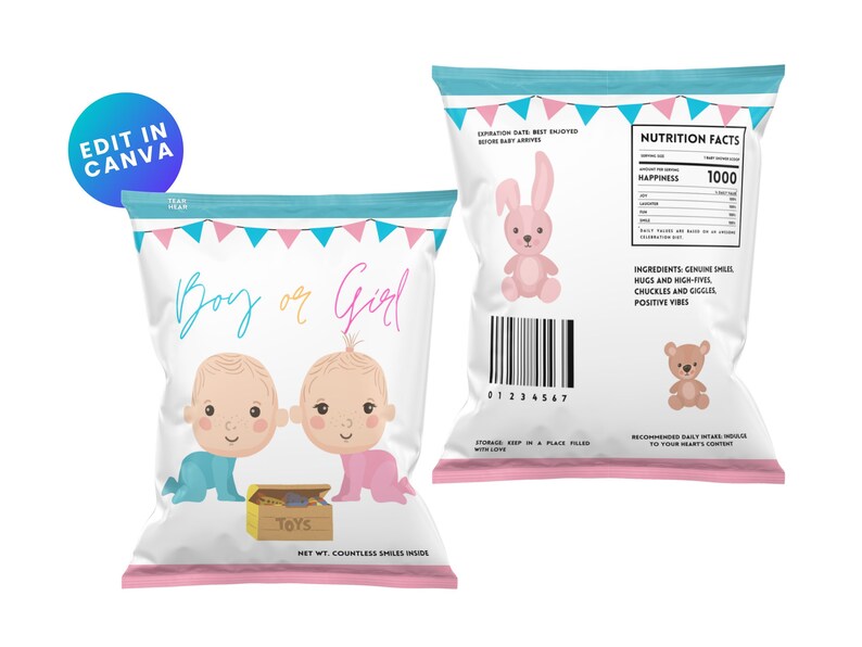 Editable Gender Reveal Chip Bag, Editable Chip Bag Template for Canva ...