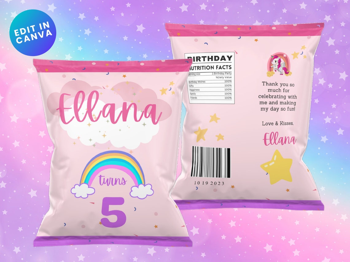 Editable Chip Bag Template for Canva, Editable Unicorn Chip Bag ...