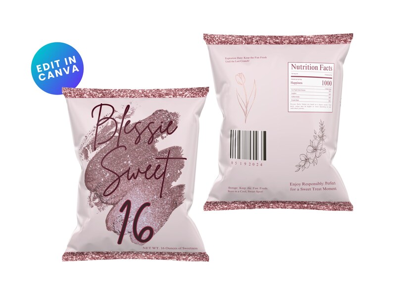 Sweet 16 Chips Bags Template, Digital Printable, Sweet 16 Favor, Party ...
