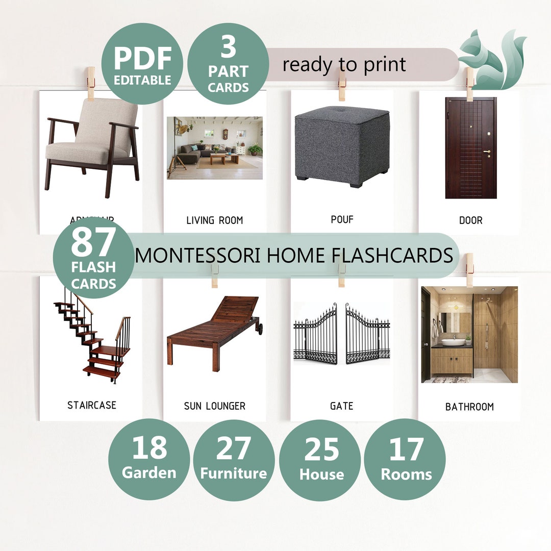 MONTESSORI HOME Flahcards, Home Furnitures Flash Cards, 3 Part Cards ...