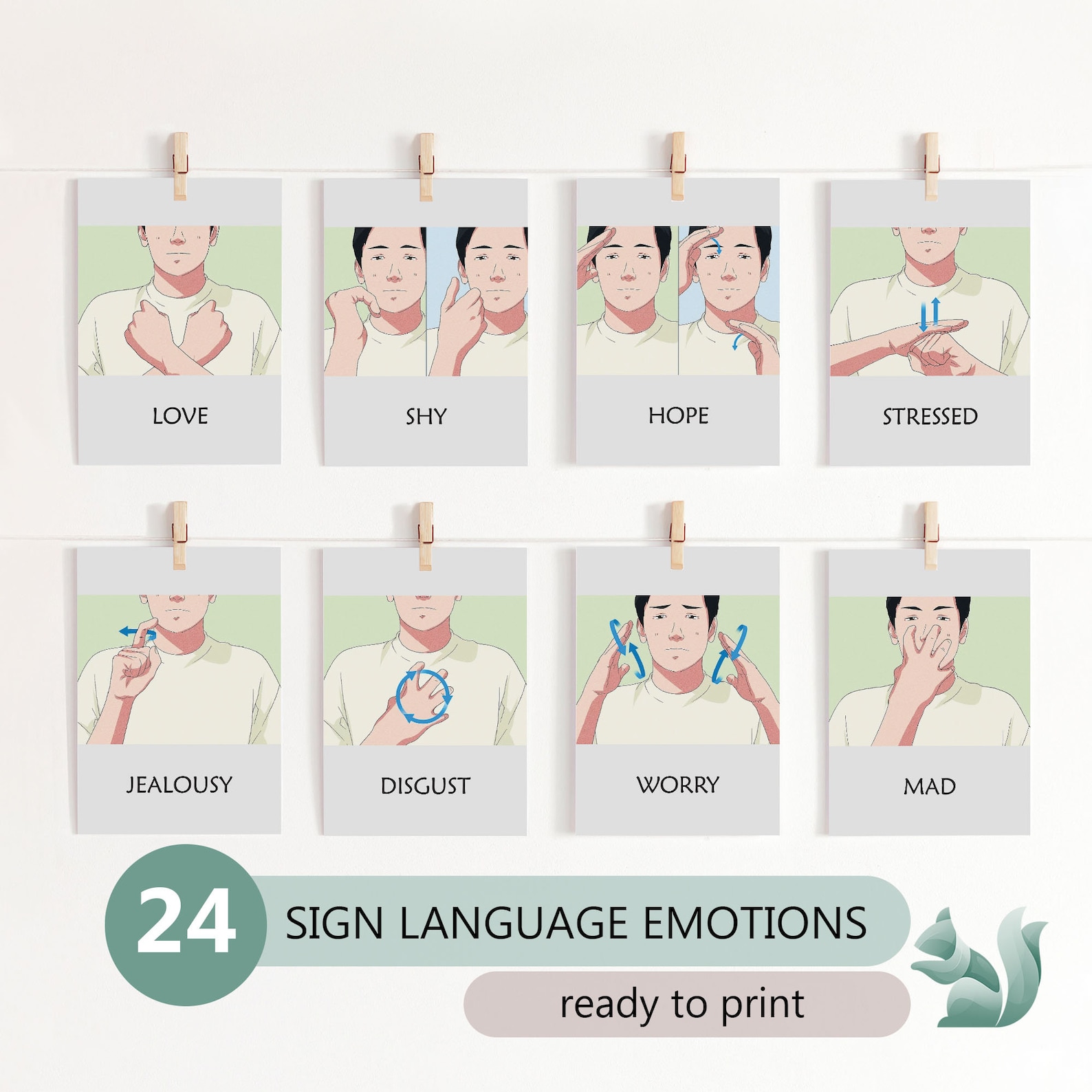 Feelings Flashcards in ASL, American Sign Language Emotions Cards ...