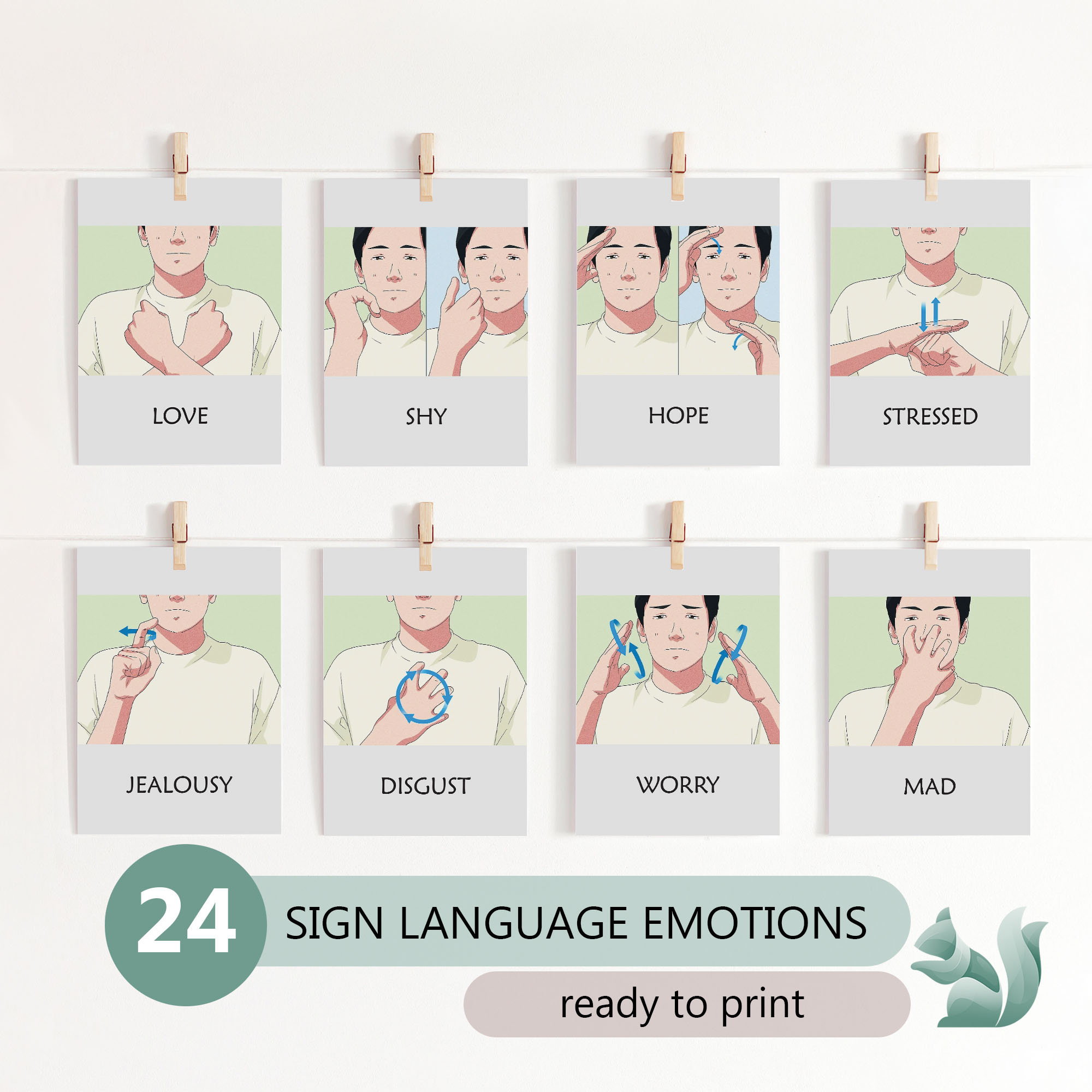 Feelings Flashcards in ASL, American Sign Language Emotions Cards ...