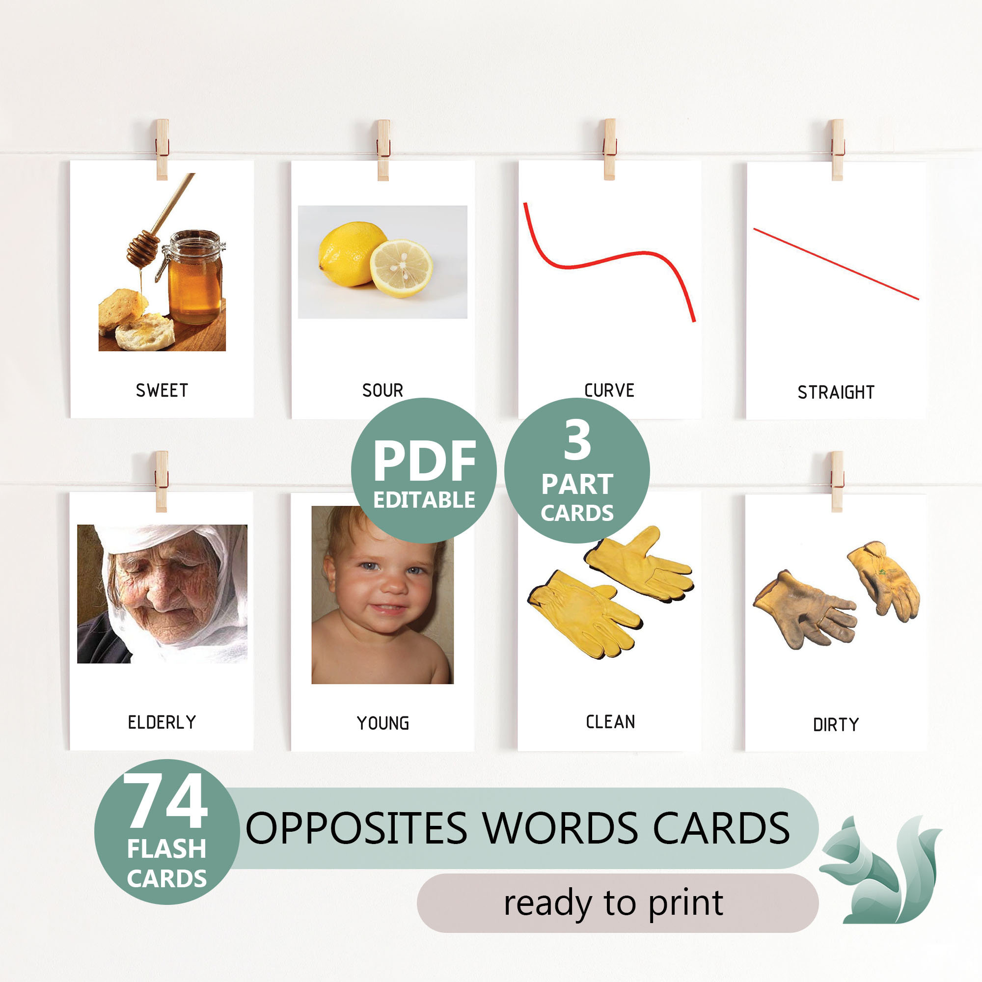 OPPOSITES Flahcards With Real Images -74 Opposites Adjectives Flash ...
