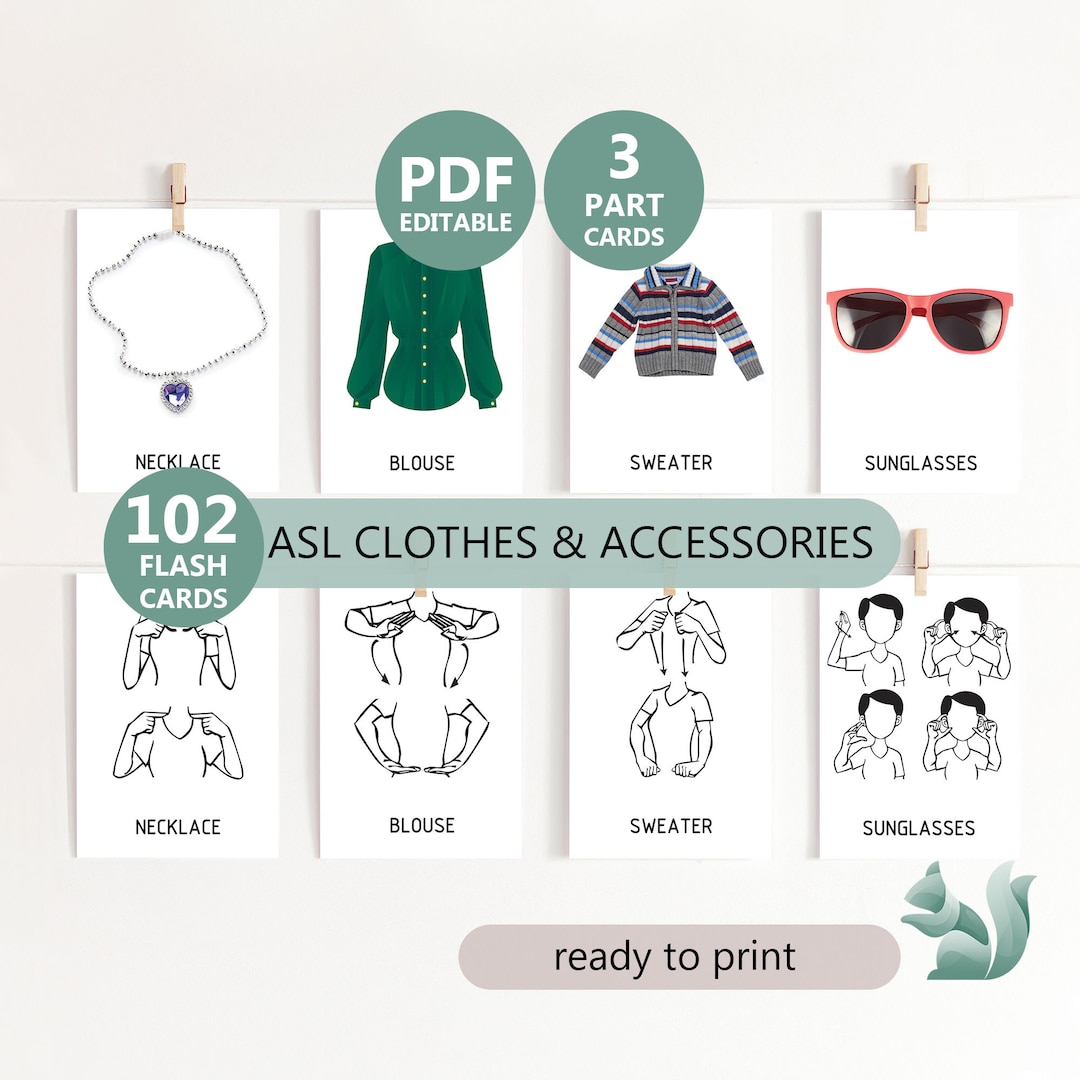 Clothes & Accessories Sign Language Flash Cards, American Sign Language ...