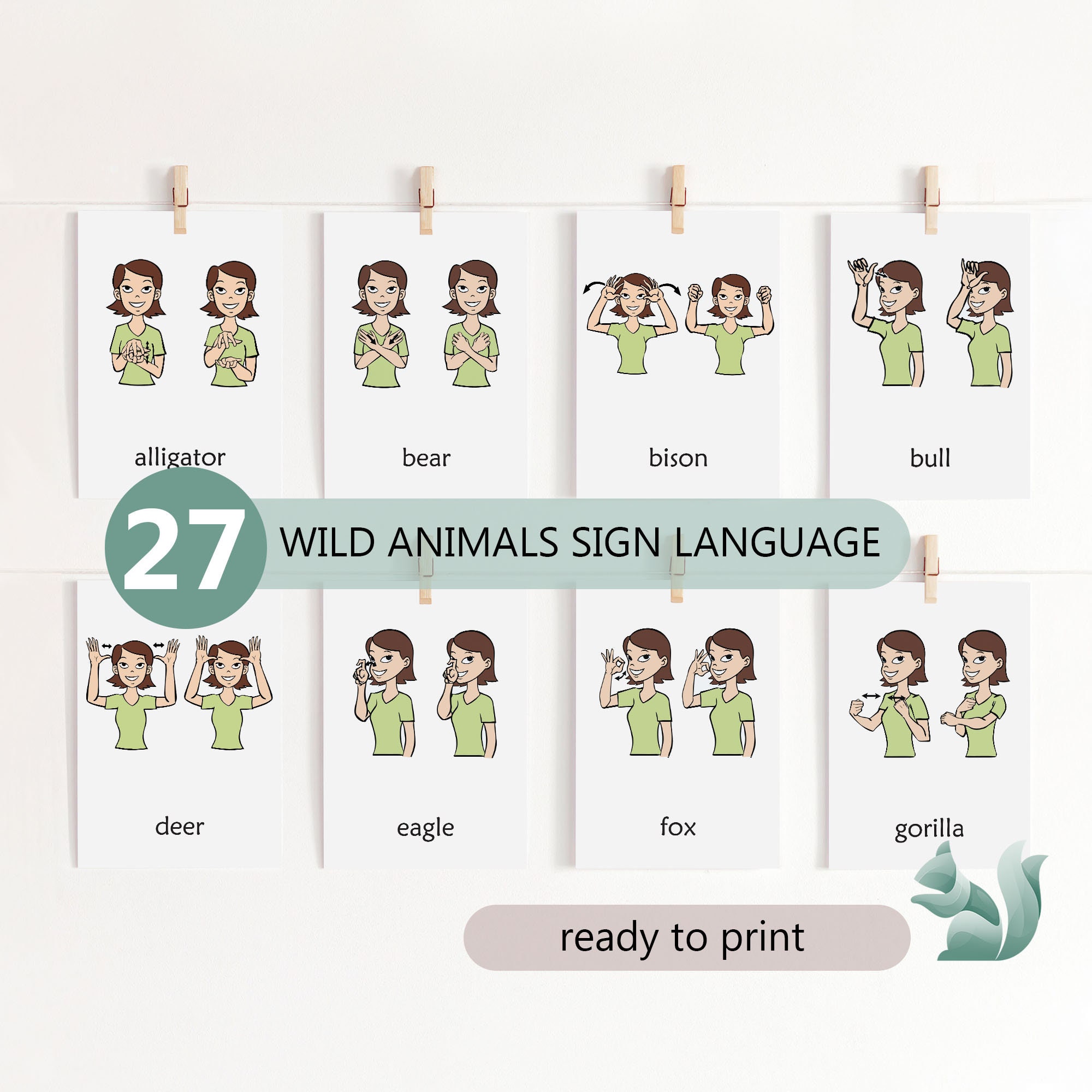 Wild Animals Sign Language Flash Cards, American Sign Language Animals ...