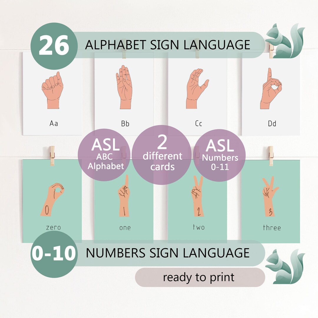 ASL Alphabet and Numbers Flashcards Set of 2, American Sign Language ...