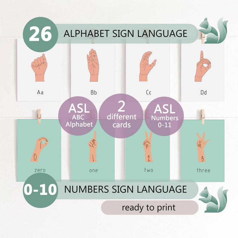 ASL Alphabet and Numbers Flashcards Set of 2, American Sign Language ...