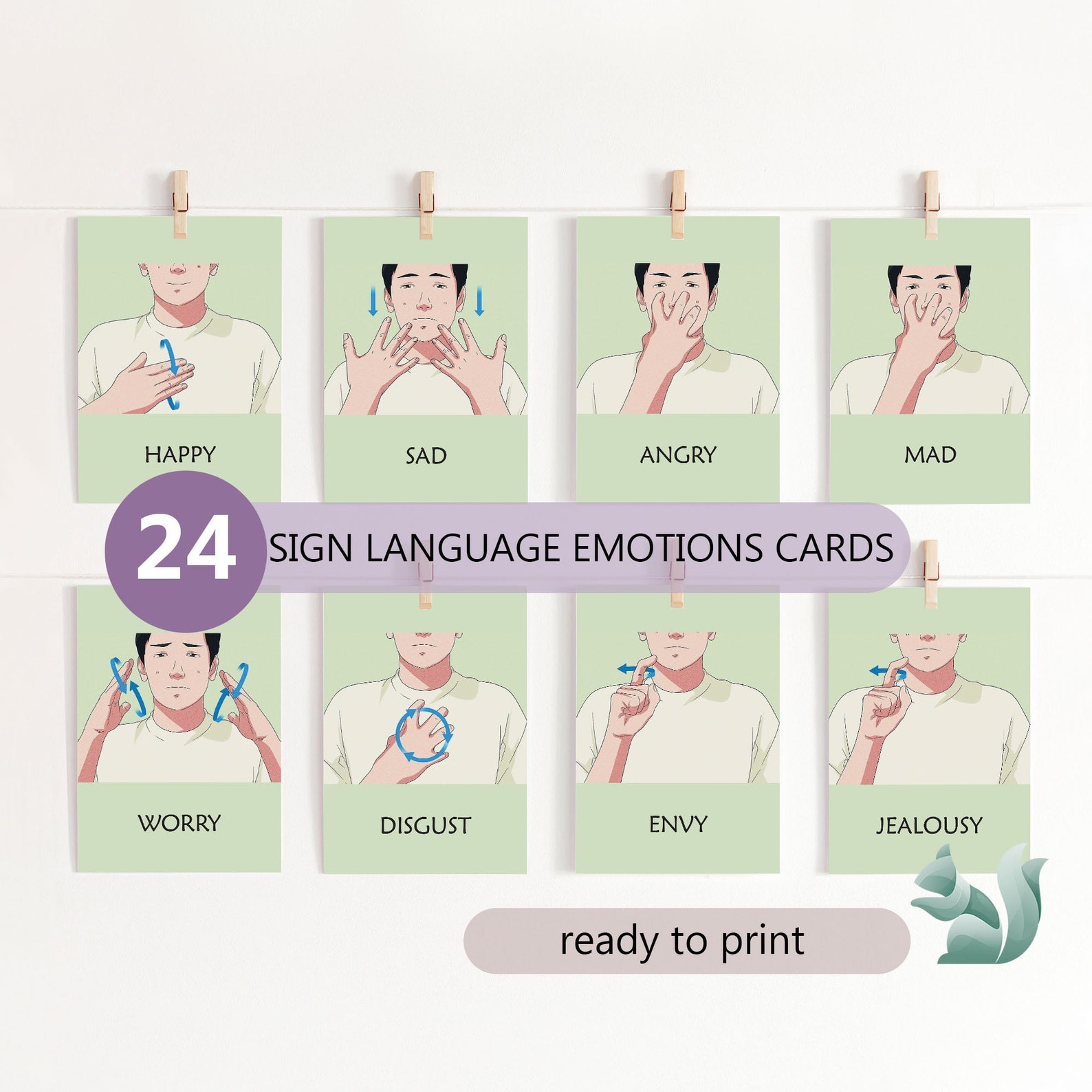 ASL Feelings Cards, American Sign Language Emotions Charts, Therapy ...