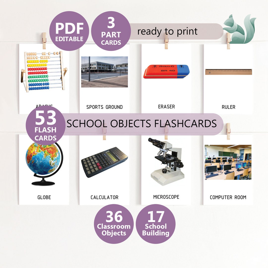 CLASSROOM OBJECTS Flahcards, School Flash Cards, Three Part Cards ...