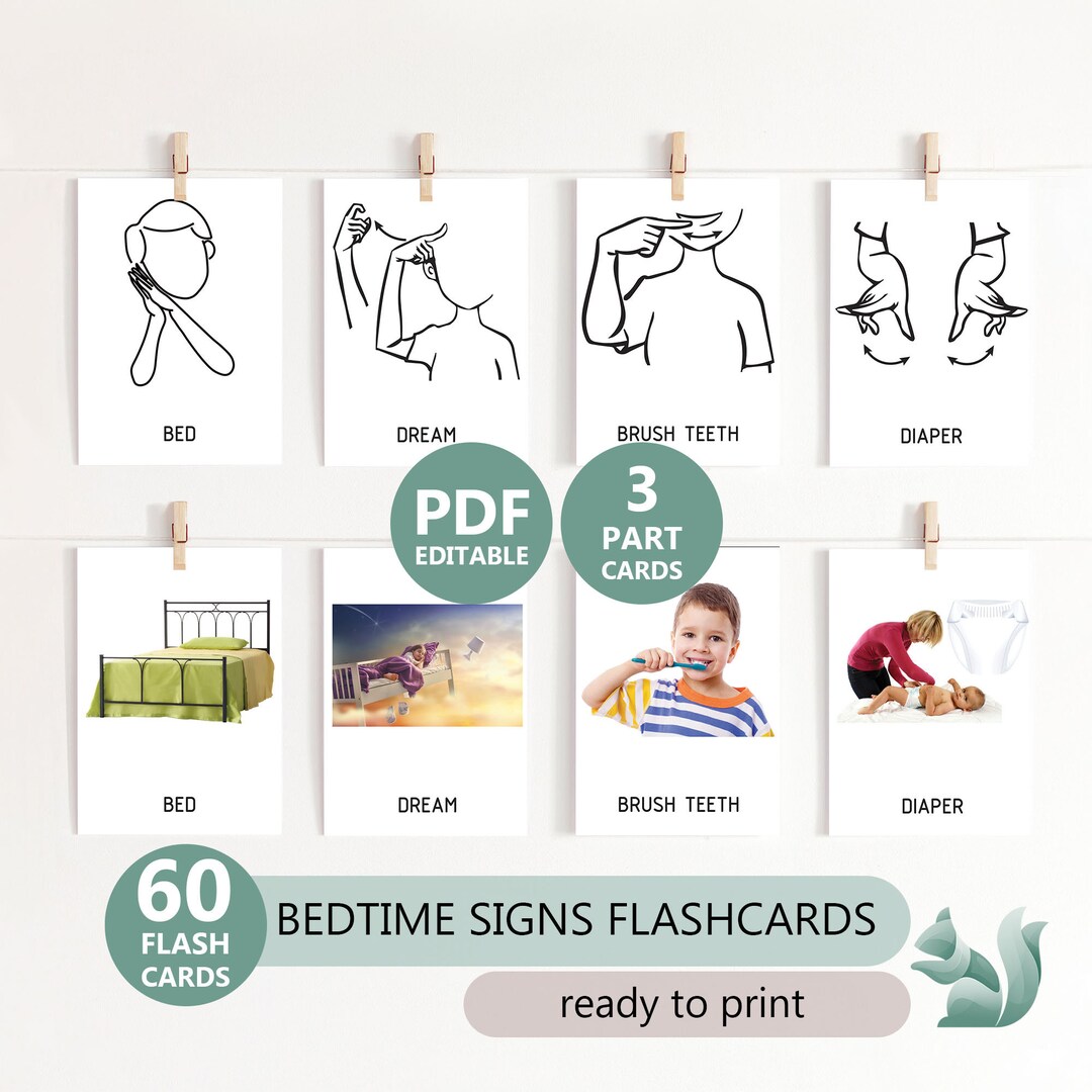 ASL BEDTIME Flash Cards, American Sign Language Bedtime Baby Signs ...