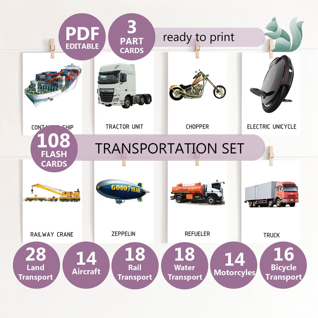 TRANSPORTATION SET With Real Images, Land, Rail, Water and Bicycle ...