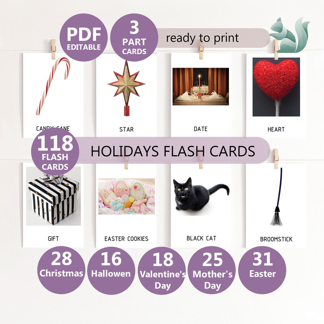 HOLIDAYS Flashcards, Editable Holidays Flash Cards, Montessori and ...
