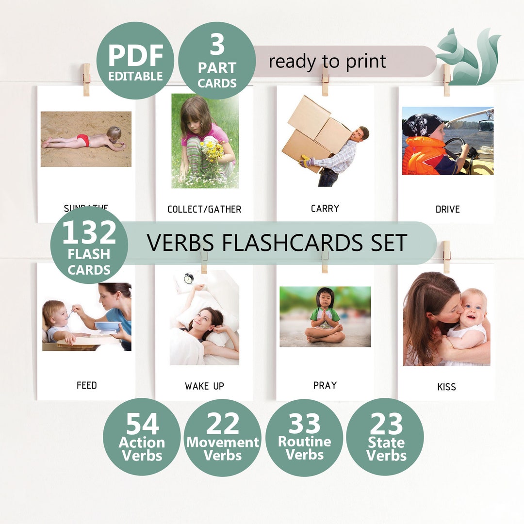 VERBS Flahcards With Real Images -132 Verbs Flash Cards - Montessori ...
