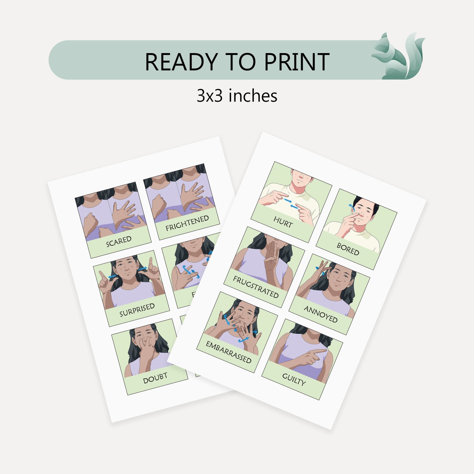 ASL Feelings Cards, American Sign Language Emotions Charts, Therapy ...