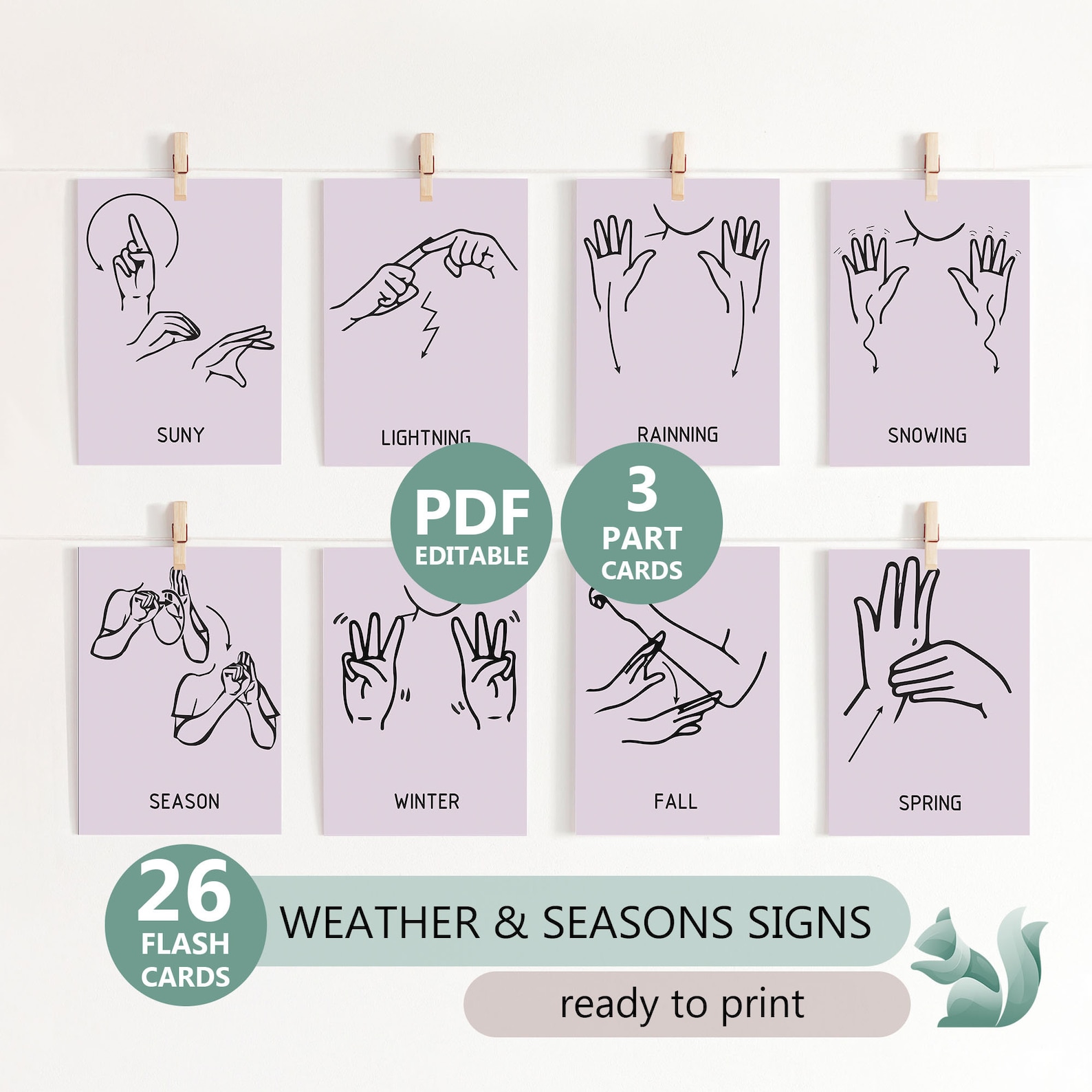 ASL Weather & Seasons Sign Language Flash Cards, American Sign Language ...