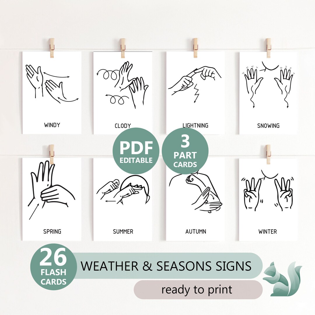 WEATHER & SEASONS Sign Language Flash Cards, American Sign Language 26 ...