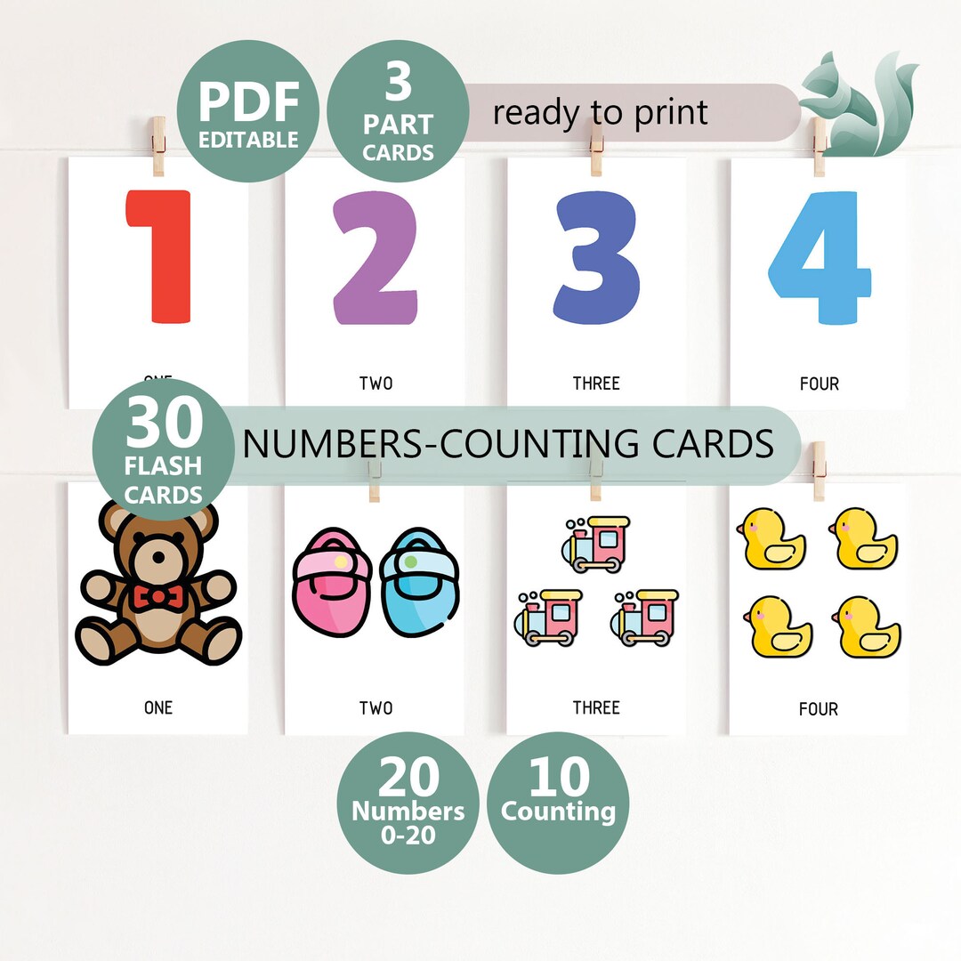 NUMBERS & COUNTING Flahcards -30 Editable Math Flash Cards Set, 3 Part ...