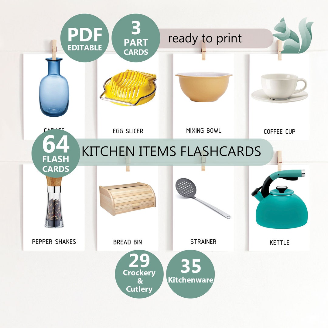 KITCHENWARE Flashcards With Real Images, Crockery Flash Cards, Cutlery ...