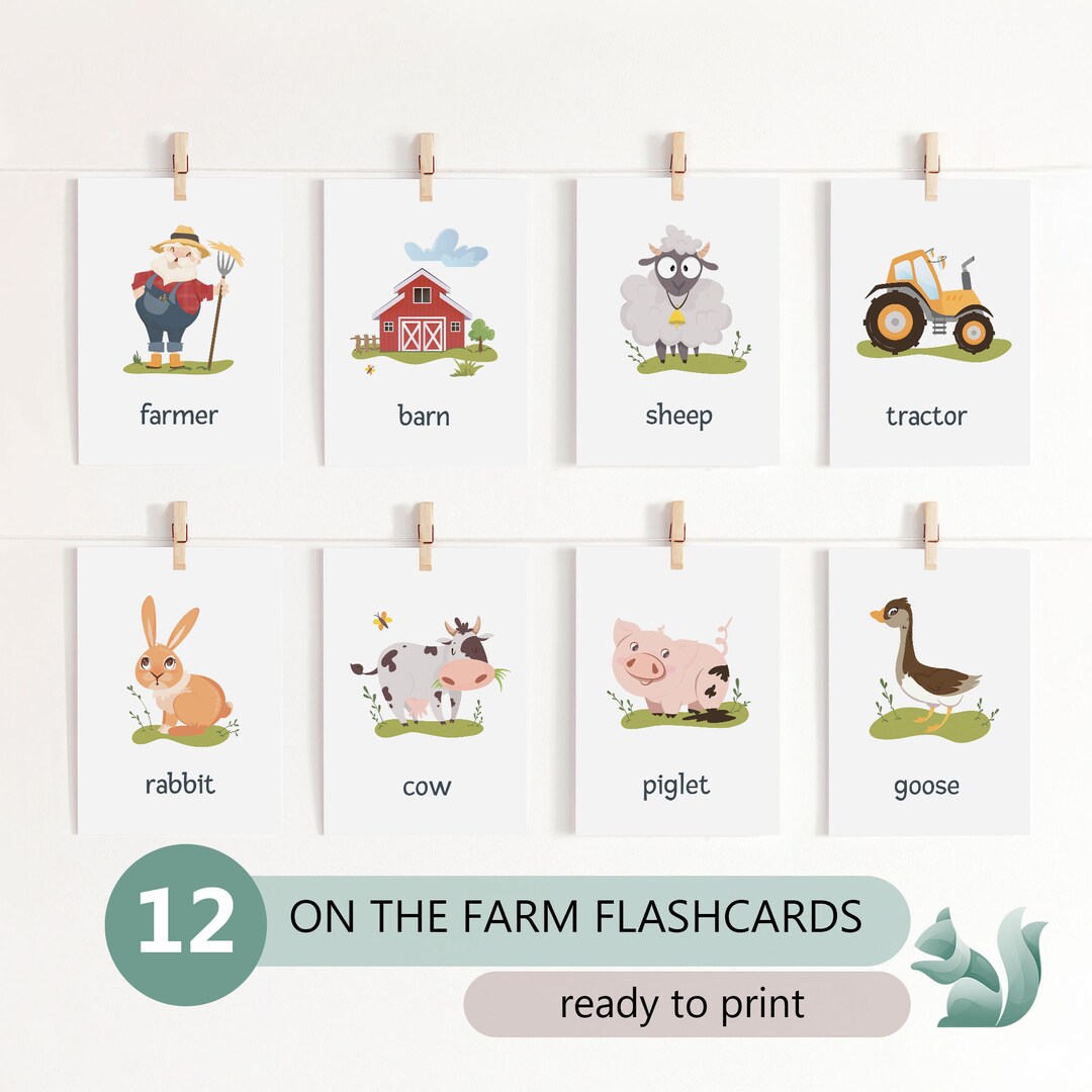 Animals Flashcards, Farm Flash Cards, Montessori and Toddler, Preschool ...