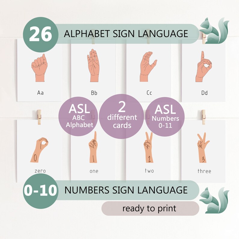 ASL Alphabet - Numbers Flashcards Set of 2, American Sign Language ABC ...