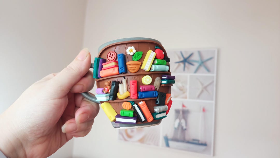 Handmade Bookshelf Themed Polymer Clay Coffee Mug Unique and Artistic ...