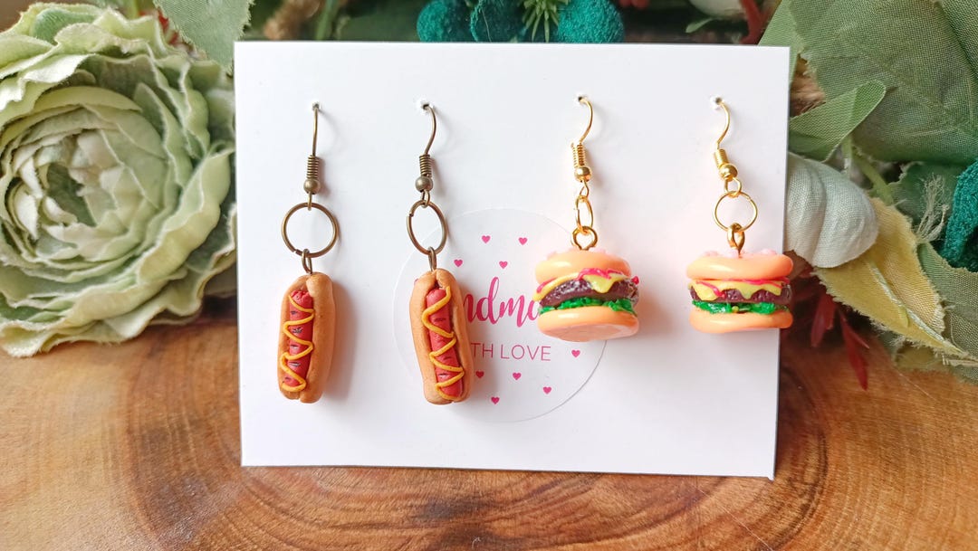 Handmade Mini Food Earrings: Polymer Clay Burger & Hotdog Jewelry - Etsy