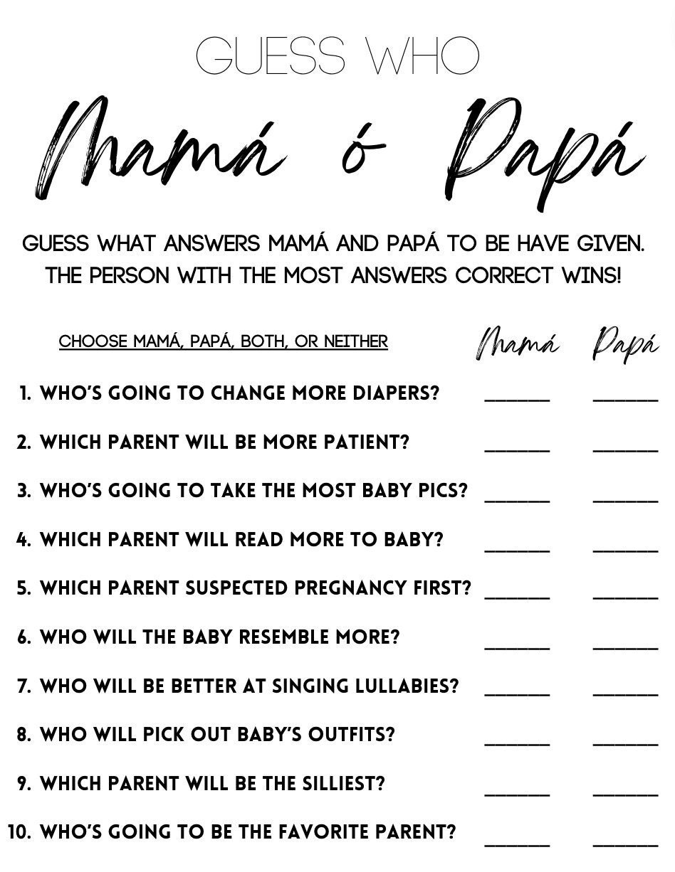Baby Shower Game - Guess Who? Mama O Papa? - Etsy