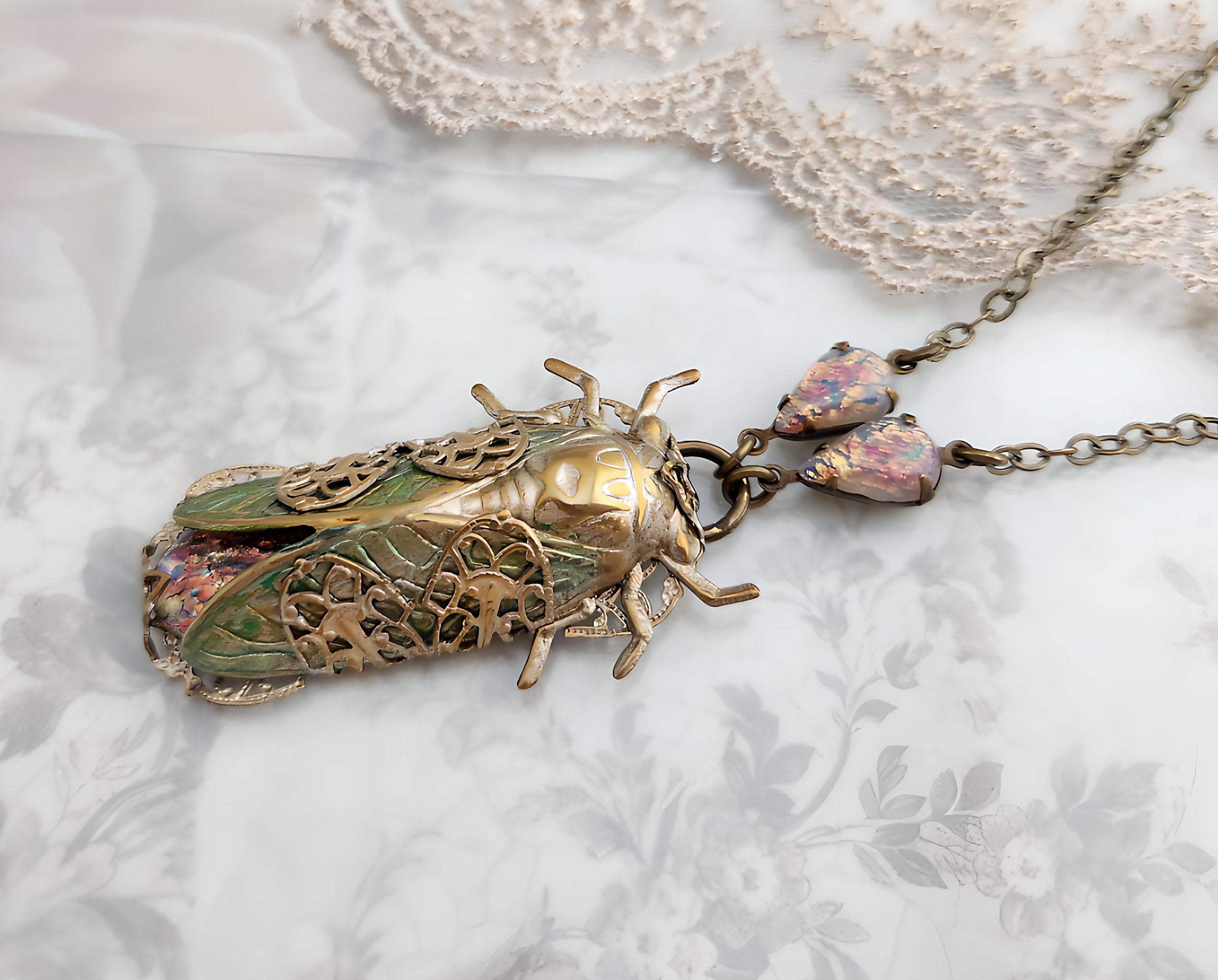 Cicada Necklace, Ruby Opal Insect Jewelry Art Deco Style, Handcrafted ...