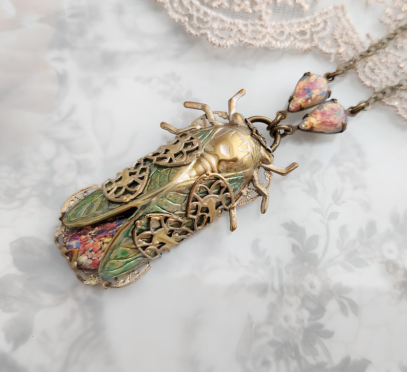 Cicada Necklace, Ruby Opal Insect Jewelry Art Deco Style, Handcrafted ...
