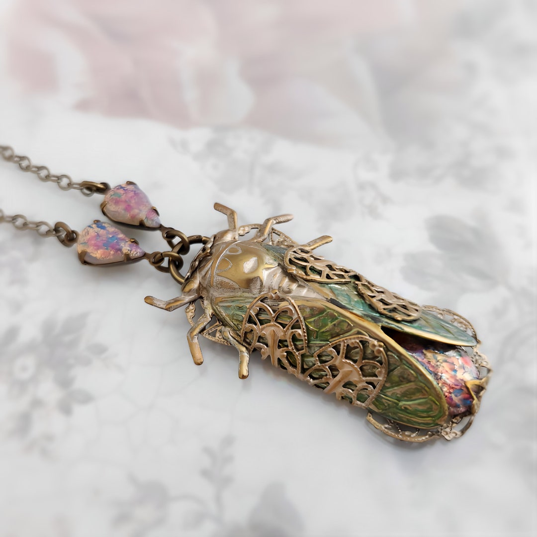 Cicada Necklace Ruby Opal Insect Jewelry Art Deco Style - Etsy