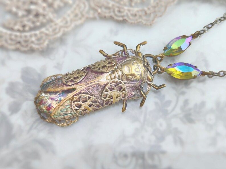 Cicada Necklace, Golden Fire Opal Insect Jewelry Art Deco Style ...