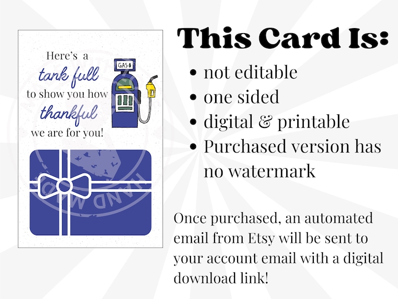 Gas Card Thank You Card - PRINTABLE DIGITAL DOWNLOAD - No Gift Card ...