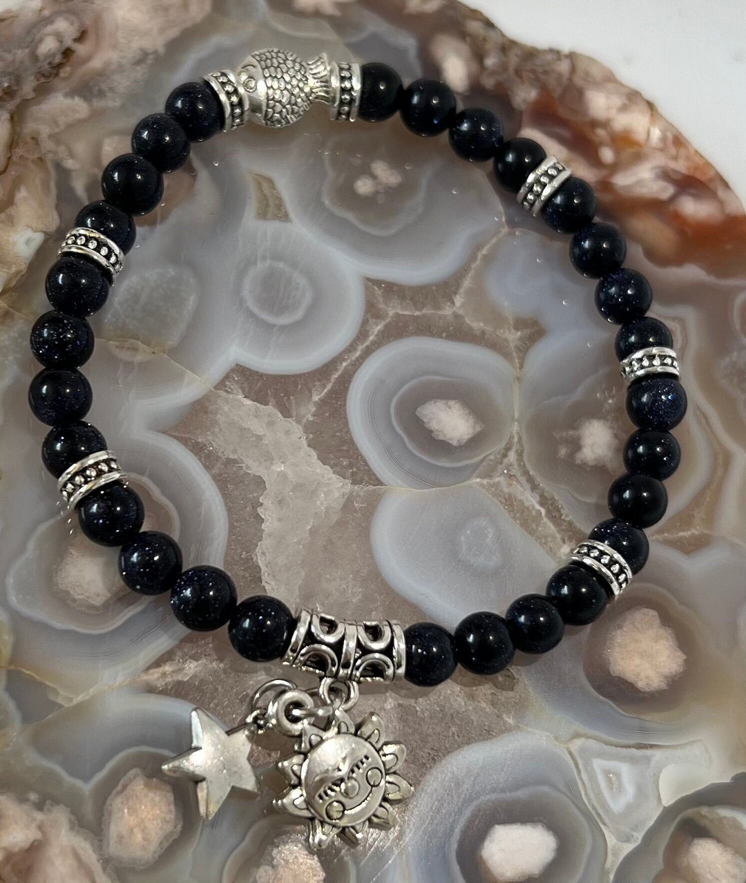 Blue Sandstone 6MM Bead Very Sparkly Bracelet With Sun Charm, Original ...