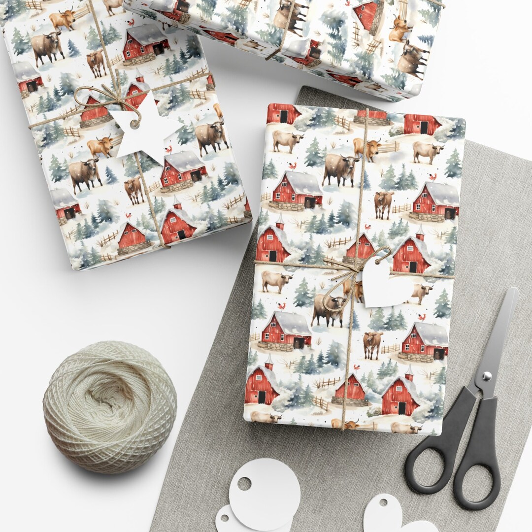 Christmas Wrapping Paper, Cows and Red Barns - Etsy