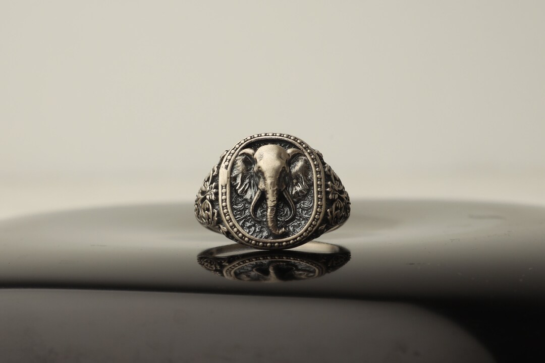 Gold Plated Vintage Elephant Ring, Men Silver Signet Ring, Antique Men ...
