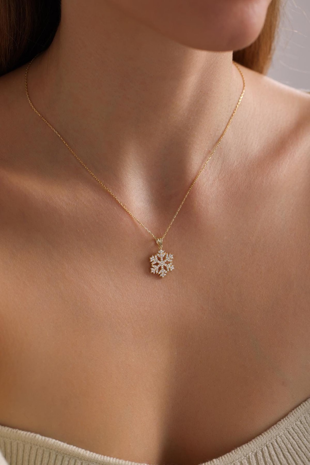 Snow Flake Necklace 14K Gold Plated Tiny Flake Pendant 925 Silver ...