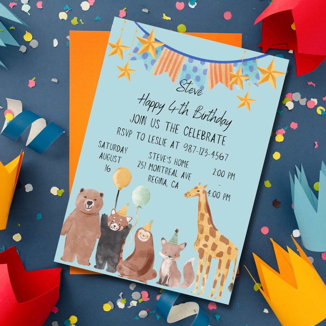 Editable Animals Themed Birthday Invitation Template for Kids - Etsy