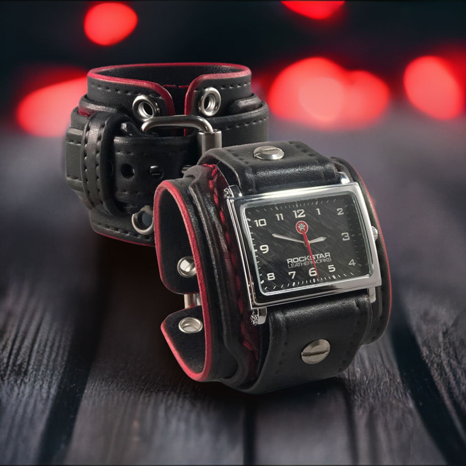 Black & Red Layered Wide Leather Cuff Watch With Stainless - Etsy