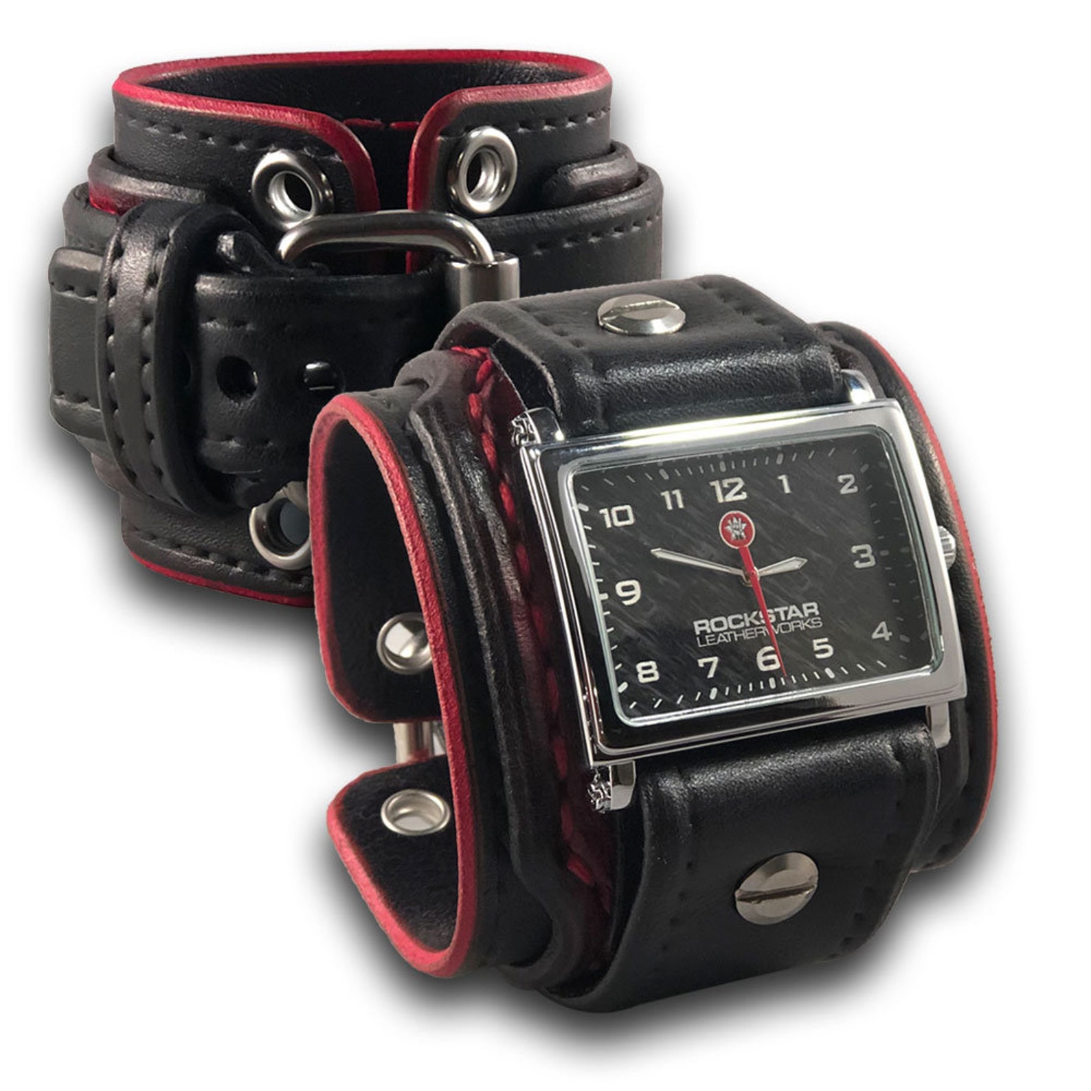 Black & Red Layered Wide Leather Cuff Watch With Stainless - Etsy