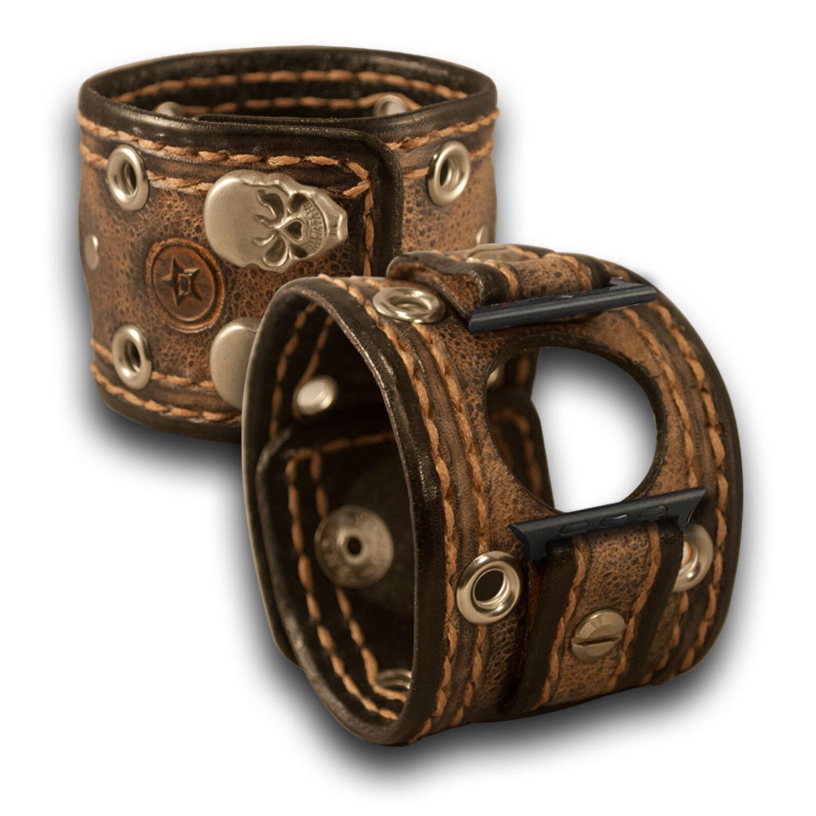 Wide Tan Leather Apple Cuff Watch Band With Skull Snaps and Stainless ...