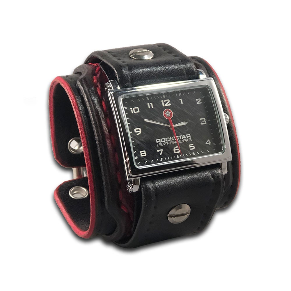 Black & Red Layered Wide Leather Cuff Watch With Stainless Steel ...
