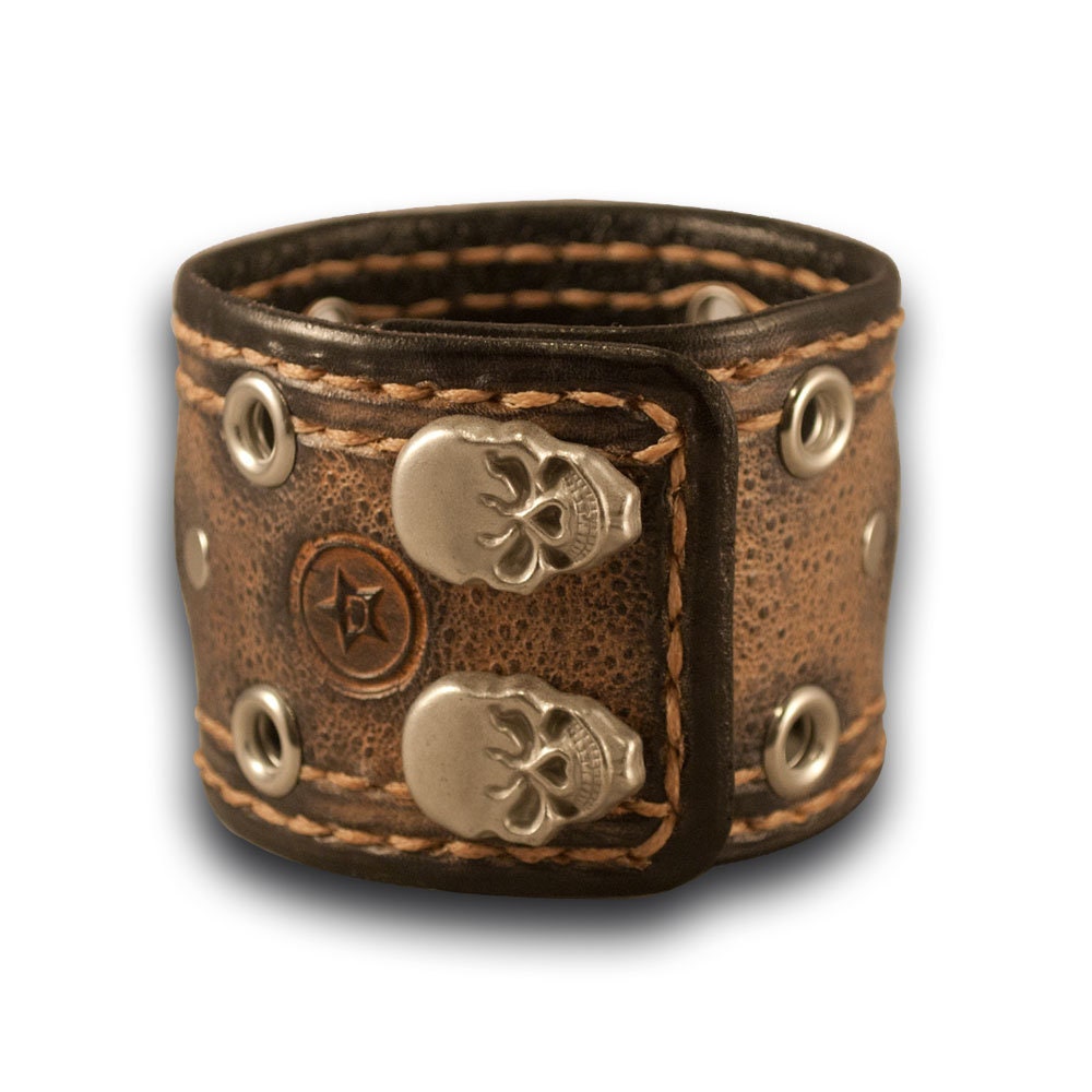Wide Tan Leather Apple Cuff Watch Band With Skull Snaps and Stainless ...