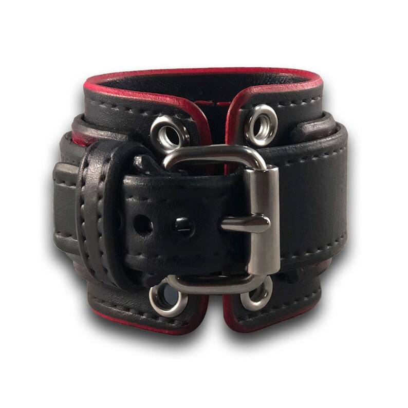 Black & Red Layered Wide Leather Cuff Watch With Stainless Steel Eyelets - Etsy